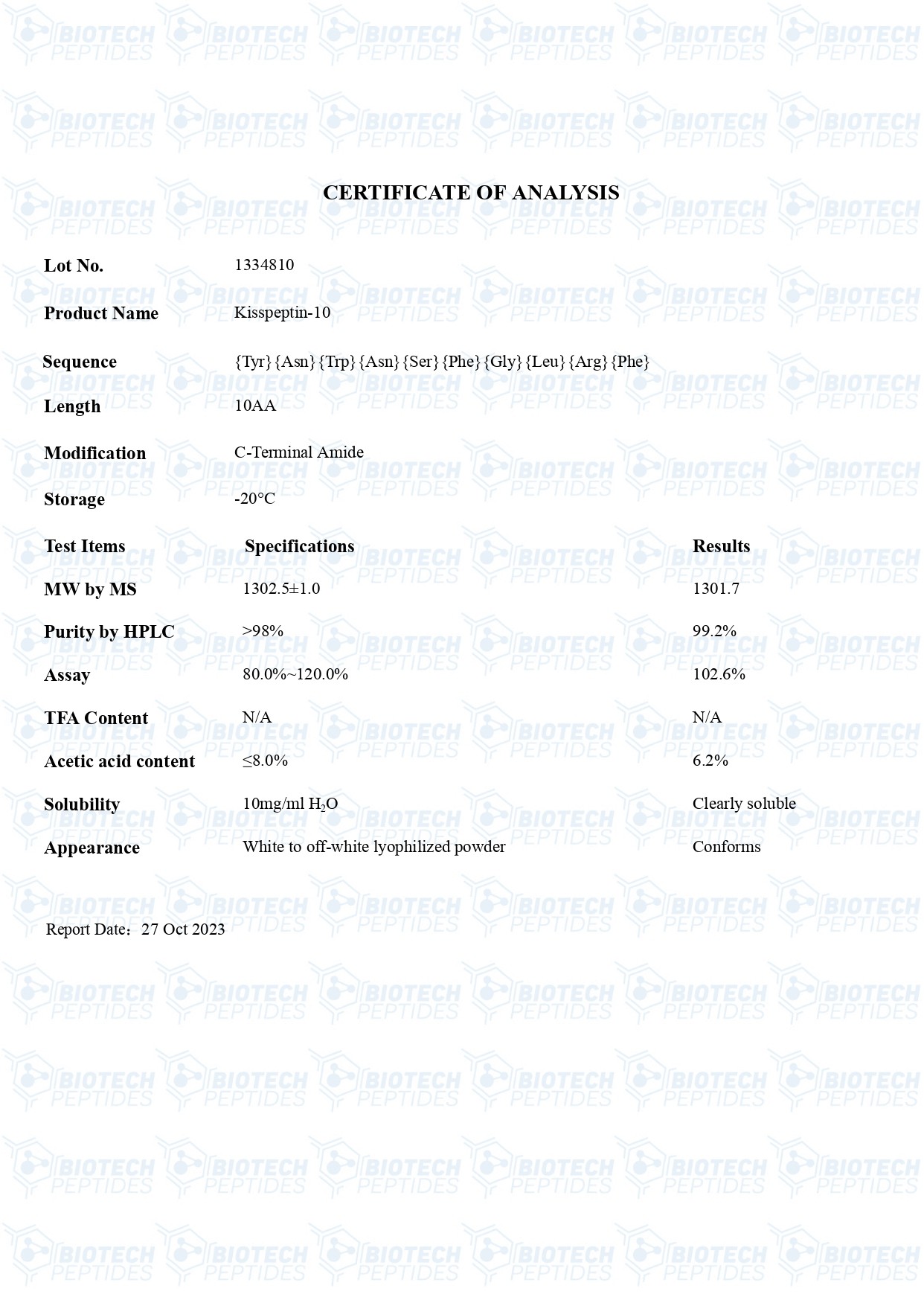 Kisspeptin-10 (10mg) - Bio Tech Peptides Canada